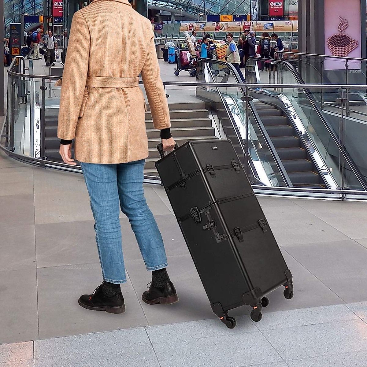 mefeir 2 in 1 Rolling Makeup Train Case, Travel Makeup Organizer Cosmetic Display Case, Aluminum Cosmetology Supply Suitcase on Wheels, Beauty Storage Luggage Lockable w/4 Removable Wheels (Black)