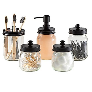 Mason Jar Bathroom Accessories Set – 5-Piece Bathroom Set with Toothbrush Holder, Soap Dispenser, Canister, and 2 Small Jars by Lavish Home (Black)