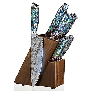 SENKEN 11-Piece Damascus Knife Block Set with Abalone Shell Handle - "Umi" Collection Japanese Chef Knife Set - 67-Layer Japanese VG10 Steel, Chef Knife, Paring Knife, 4 Matching Steak Knives & More