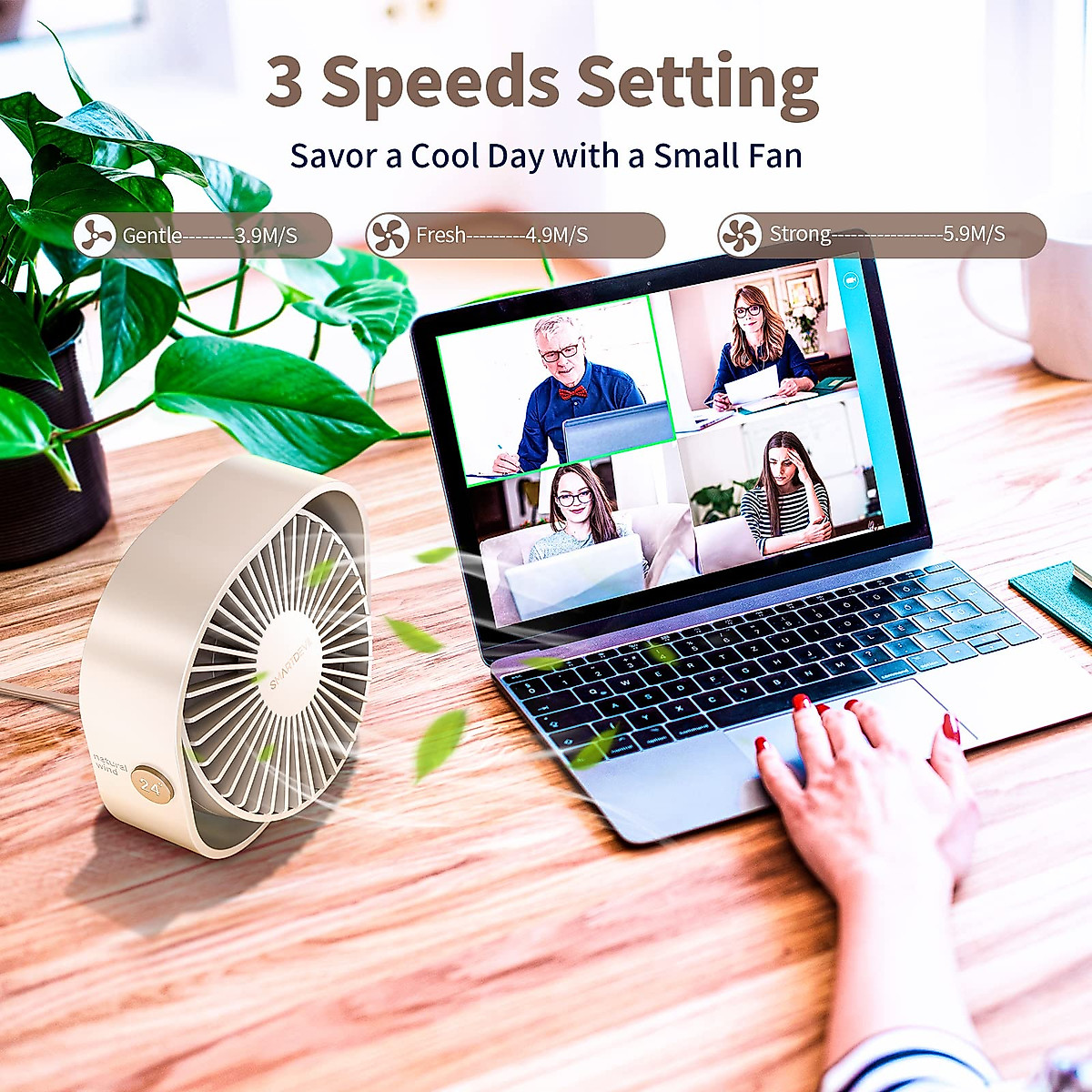 SMARTDEVIL Small Personal USB Desk Fan, 3 Speeds Portable Desktop Table Cooling Fan Powered by USB, Strong Wind, Quiet Operation, for Home Office Car Outdoor Travel (Light Brown)