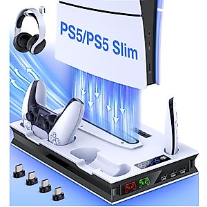 2023 New PS5 Slim Stand and Cooling Station with Dual Controller Charging for Playstation 5 Slim Digital Disc Edition, PS5 Console Accessories Vertical Stand with Headset Holder, 3 USB Hub, Cable