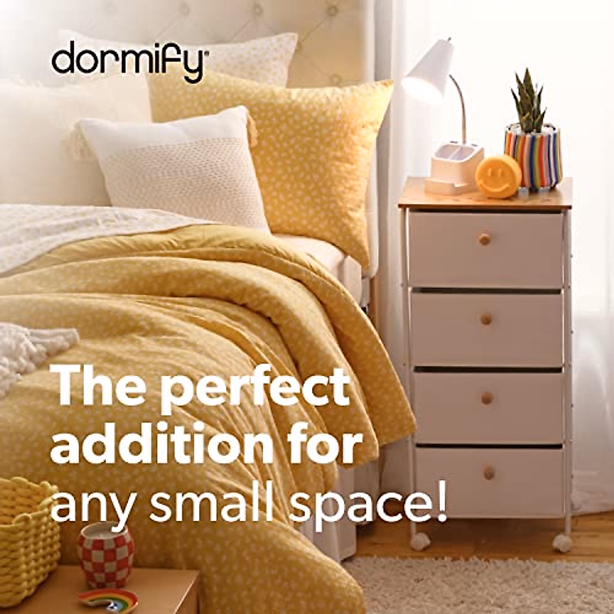 Dormify 4 Drawers Storage Organizer on Wheels | Storage Tower with Wood Top | Nightstand Organizer | Tall Skinny Dresser for Closet | 17" W x 18" D x 38" H | White| Dorm & Bedroom Essential