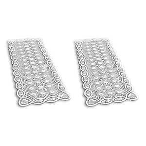 Cut to Size Vinyl Lace, Cabinet Shelf or Pantry Liner, Table Runner, Dresser or Night Stand Scarf. Crochet, Scallop Trim, Easy Clean, Stain Resistant, Measures 14x43 Inches, White, Set of 2
