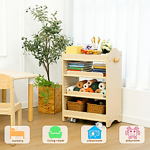 kidi house Rolling Storage Cart on Wheels 4-Tier Wooden Utility Cart Art Cart Organizer for Kids Multi-Functional Movable Birch Trolley Kids Bookshelf Art Crafts Supply Shelf Montessori Furniture