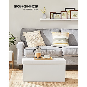 SONGMICS 30 Inches Folding Storage Ottoman Bench, Storage Chest, Footrest, Coffee Table, Padded Seat, Faux Leather, Holds up to 660 lb, White ULSF106