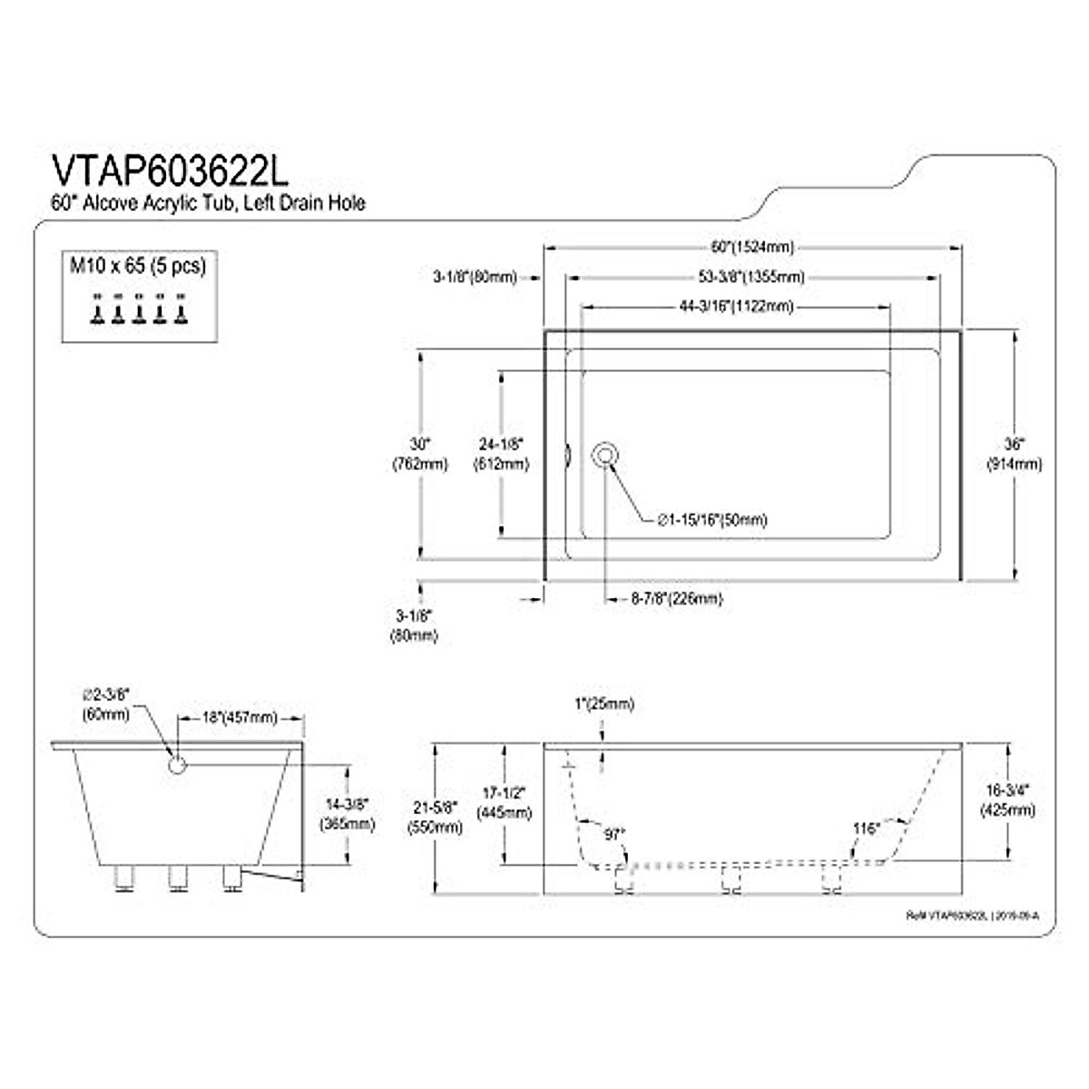 Kingston Brass Aqua Eden VTAP603622L 60-Inch Acrylic Alcove Tub with Left Hand Drain, White