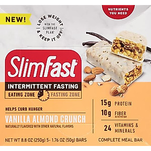 SlimFast Intermittent Fasting- Complete Meal Protein Bars, Vanilla Almond Crunch, 5 Bars (Pack of 1)