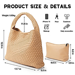 Woven Bag Vegan Leather Hobo handbags for Women, Top-handle Shoulder Tote Braided Bag Underarm Purse (Apricot-A)