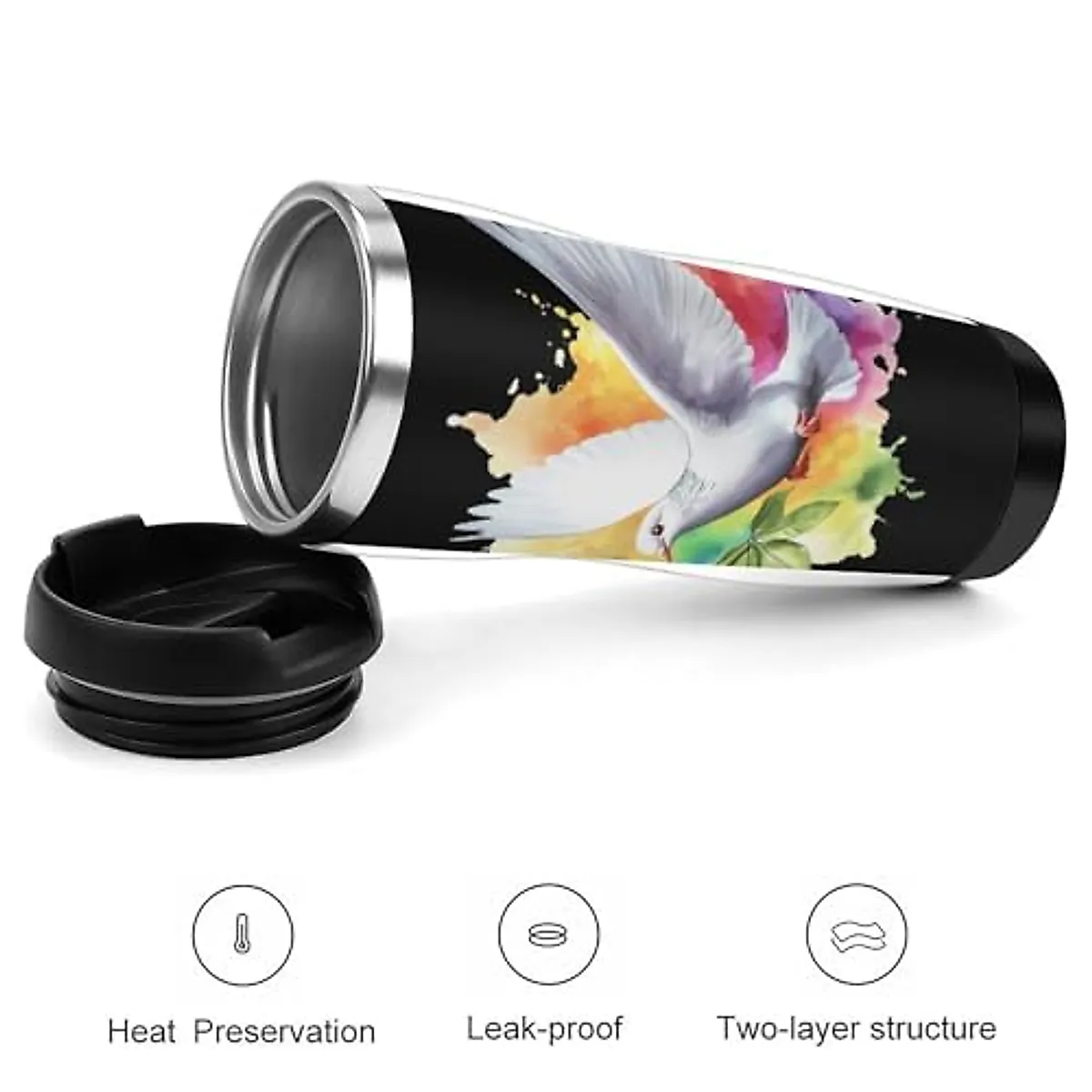 Dove Peace Symbol Watercolor Travel Coffee Mug Reusable Insulated Drinking Cup with Lid for Home Outdoor Works 13 Oz