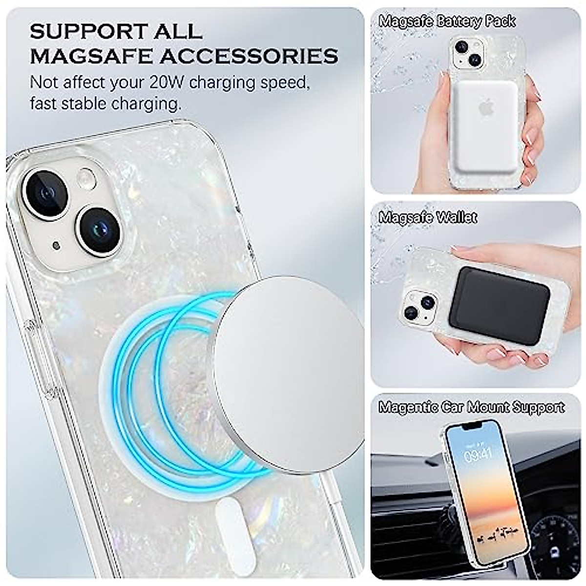 YINLAI Case for iPhone 14 / iPhone 13 [Compatible with MagSafe] Magnetic Slim Glitter Bling Sparkly Pearl Mother-of-Pearl Seashell Women Girly Soft Shockproof Protective Phone Cover 6.1 Inch, White