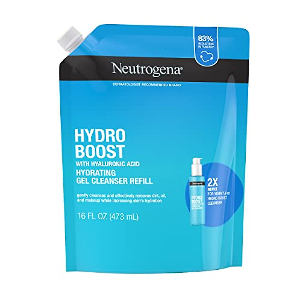 Neutrogena Hydro Boost Lightweight Hydrating Facial Cleansing Gel, Gentle Face Wash & Makeup Remover with Hyaluronic Acid, Hypoallergenic & Non Comedogenic, Refill Pouch, 16 fl. oz
