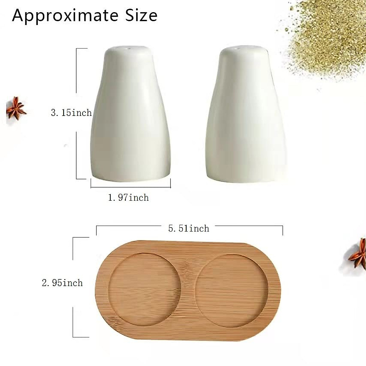 Salt and Pepper Shakers Set with a Bamboo Tray Ceramic Salt Shaker White Salt and Pepper Shaker Simplicity Salt and Pepper Set