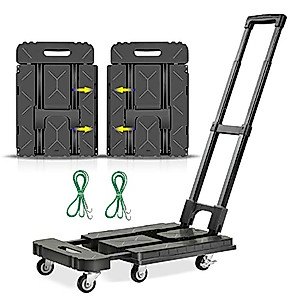 WBD WEIBIDA Folding Hand Truck with 6 Wheels Collapsible Grocery Cart Dolly for Moving Heavy Duty Foldable Platform Cart, Size-Adjustable & 2 Bungee Cords for Travel, Shopping, Luggage, Wagon Cart