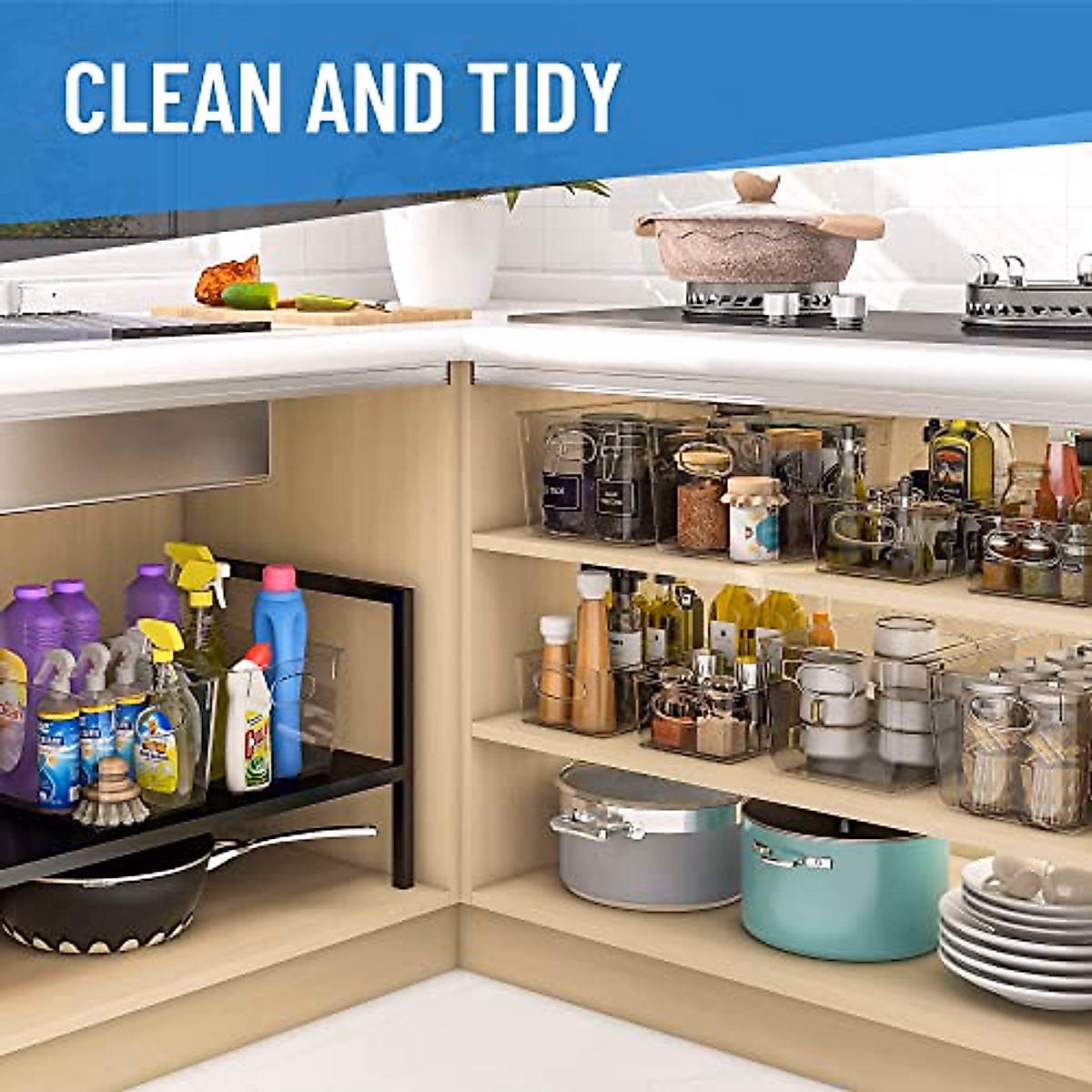 Pinkpum Pantry Organization and Storage, Refrigerator Organizer Bins with Lids, Plastic Storage Bins for Kitchen, Set for 6