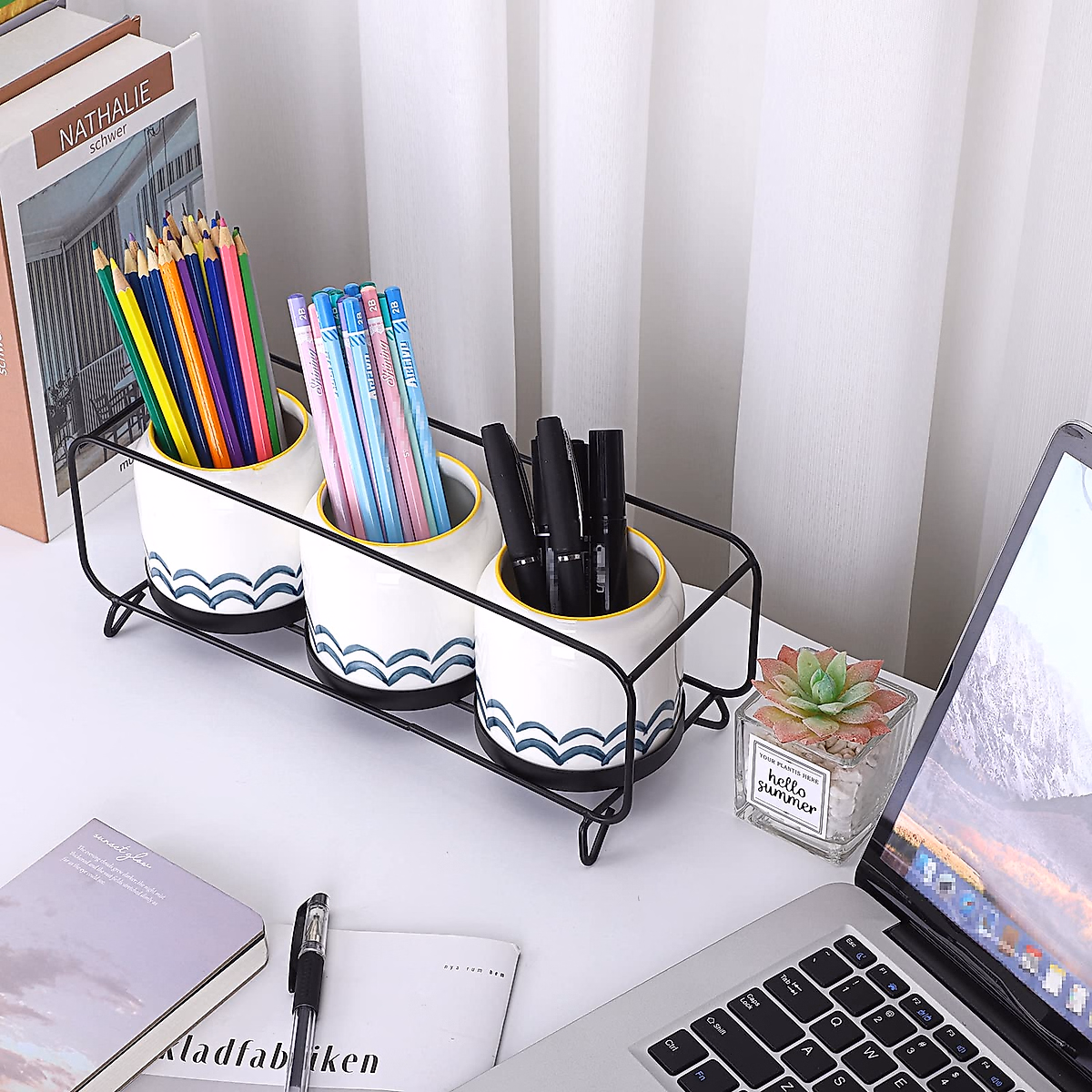 JUXYES Set of 3 Ceramic Flatware Holder for Countertop, Desktop Silverware Organizer Utensil Holder With Black Metal Rack, Flatware Caddy Cutlery Holder Silverware Organizer for Kitchen Dining Tables