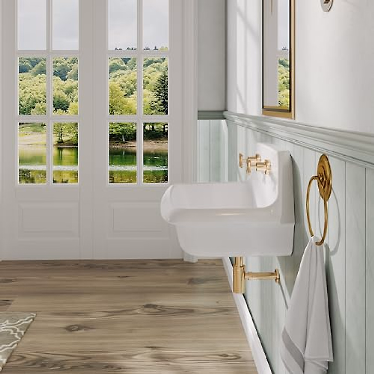 ELLAI 24 Inch Wall Mounted High Back Kitchen Sink White Porcelain Utility Sink Farm Sink Ceramic Farmhouse Laundry Sink Wall Mount Bathroom Sink, 8 in centers, 24” x 17” x 15”