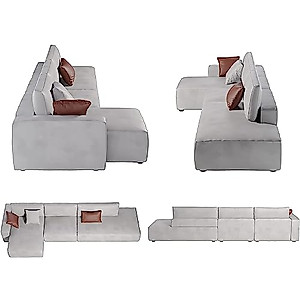 JACH 145" Modular Leathaire Large Sectional Sofa with Chaise, L-Shaped Faux Leather 5 Seater Minimalist Couch, Modern Right Hand Facing Sectional Sofas with 3 Throw Pillows (Beige)