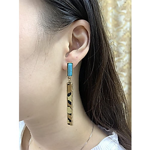 Rectangle Turquoise Dangle Earrings for Women Hypoallergenic Gold Plated Long Charms Birthstone Leopard Print Faux Leather Drop Dangling Stud Retro Lightweight Birthday Holiday Party Jewelry Gifts