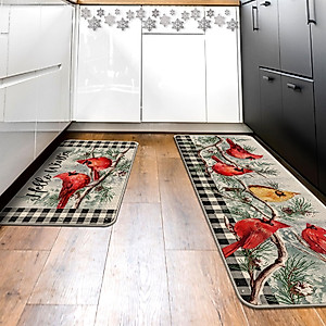 Tailus Hello Winter Cardinal Kitchen Rugs Set of 2, Red Bird Pine Tree Snow Buffalo Plaid Farmhouse Kitchen Mats Decor, Christmas Holiday Seasonal Floor Door Mat Home Decorations -17x29 and 17x47 Inch