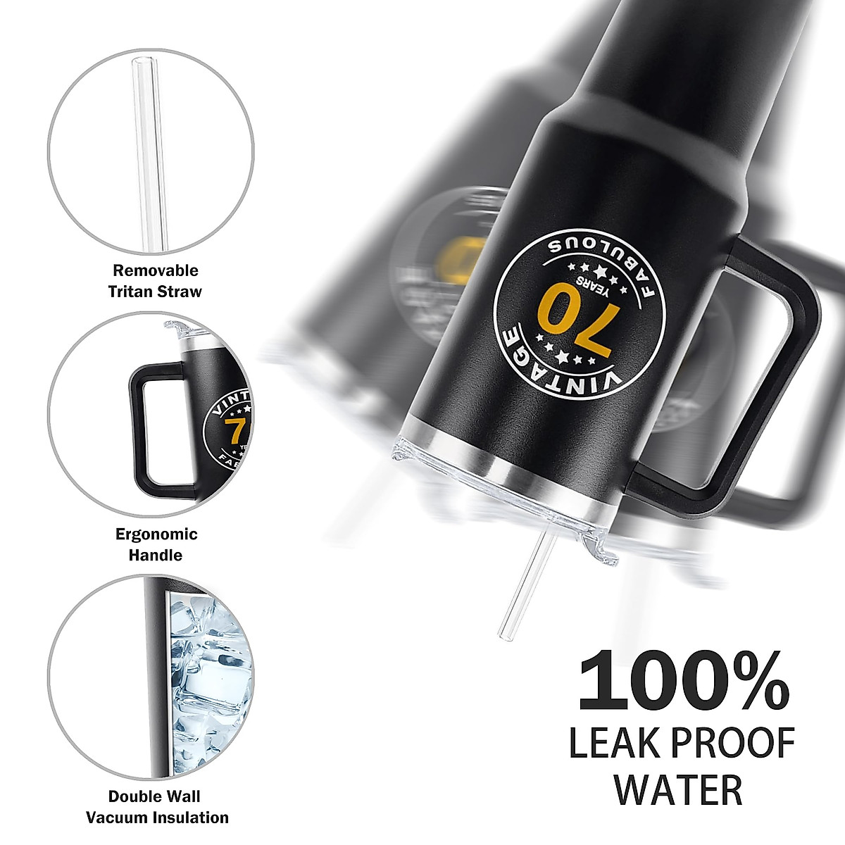 Qeenking 70th Birthday Gifts for Him Her - Birthday Tumbler for Women Men Dad Mom - 40 OZ Stainless Steel Cup Travel Mug Water Bottle with Handle and Straw - The Best Birthday Gift Ideas