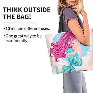 Famame Cute Mermaid Girl Canvas Tote Bag Large Women Casual Shoulder Bag Handbag Reusable Multipurpose Shopping Grocery Bag For Outdoors