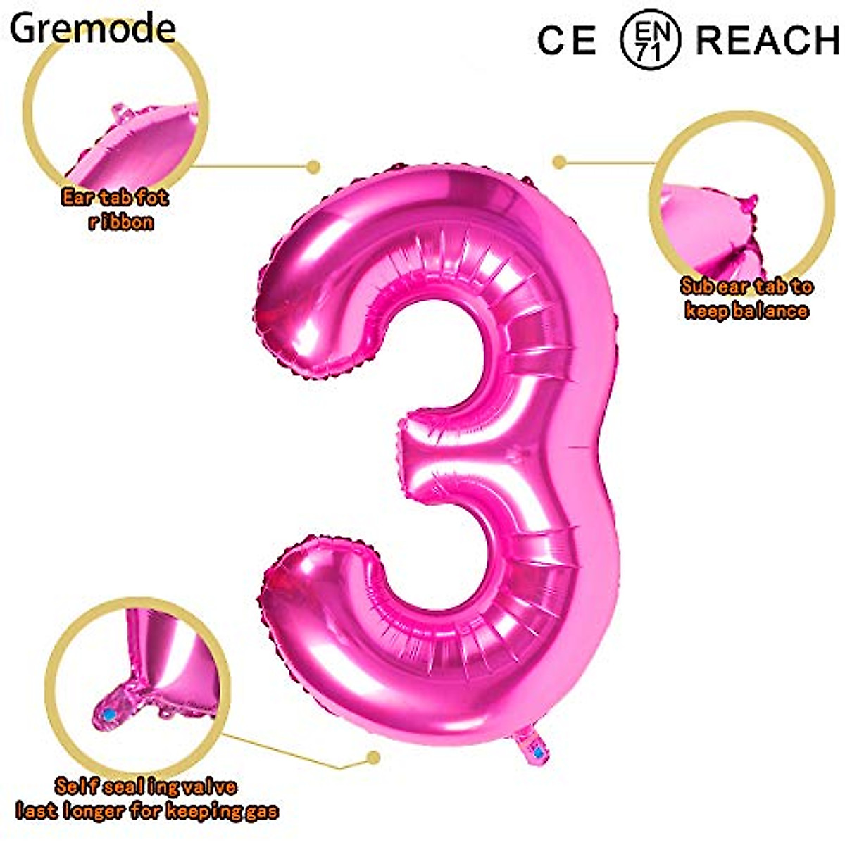 Pink 3 Balloons,40 Inch Birthday Foil Balloon Party Decorations Supplies Helium Mylar Digital Balloons (Pink Number 3)