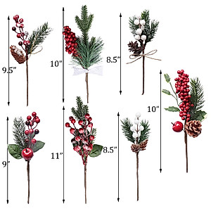 14PCS Artificial Berry Picks, Christmas Pine Picks with Red & White Berries Pine Cones for Christmas Decorations DIY Crafts Gift Wrapping Flower Arrangements Wreaths Holiday Floral Snowy Picks (14)