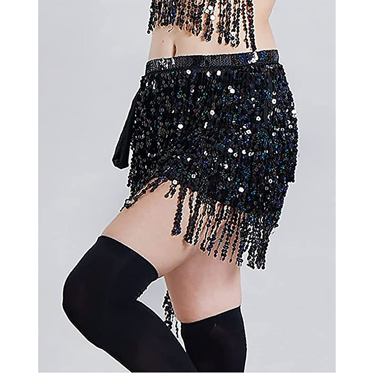 Clataly Belly Dance Sequined Tassel Skirt Hip Scarf Straps Wrap Rave Skirts Rave Music Festival Costume for Women Girls (Black)