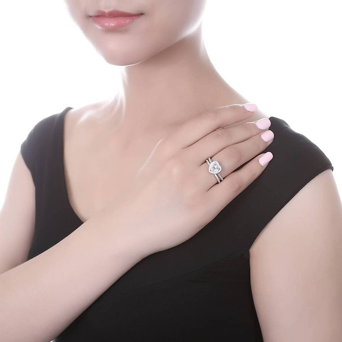 BERRICLE Sterling Silver Halo Wedding Engagement Rings Cubic Zirconia CZ Heart Ring Set for Women, Rhodium Plated Size 6.5