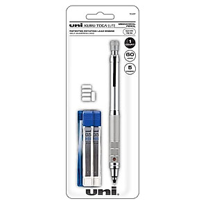 uni-ball Kuru Toga Elite Mechanical Pencil Starter Kit with Silver Barrel and 0.5mm Tip, 60 Lead Refills, and 5 Pencil Eraser Refills, HB #2