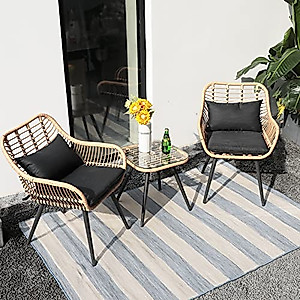JOIVI 3-Piece Patio Set, Outdoor Wicker Conversation Bistro Sets for Porch, Backyard with Square Glass Top Coffee Table, Cushions and Lumbar Pillows