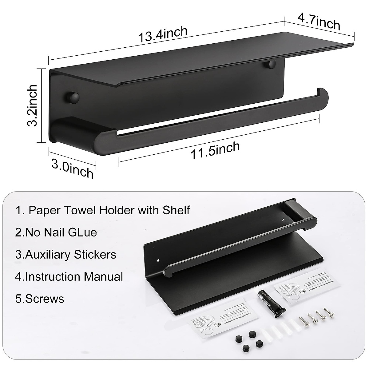 DUFU Paper Towel Holder Wall Mount for Kitchen, Self-Adhesive Paper Towel Holder with Shelf for Bathroom, Anti-Rust Aluminum, No Drill or Wall-Mounted with Screws (Matt Black)