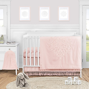 Sweet Jojo Designs Pink Boho Bohemian Baby Girl Nursery Crib Bedding Set - 4 pieces - Solid Color Blush Shabby Chic Princess Luxurious Luxury Elegant Vintage Designer Boutique Victorian Embroidered