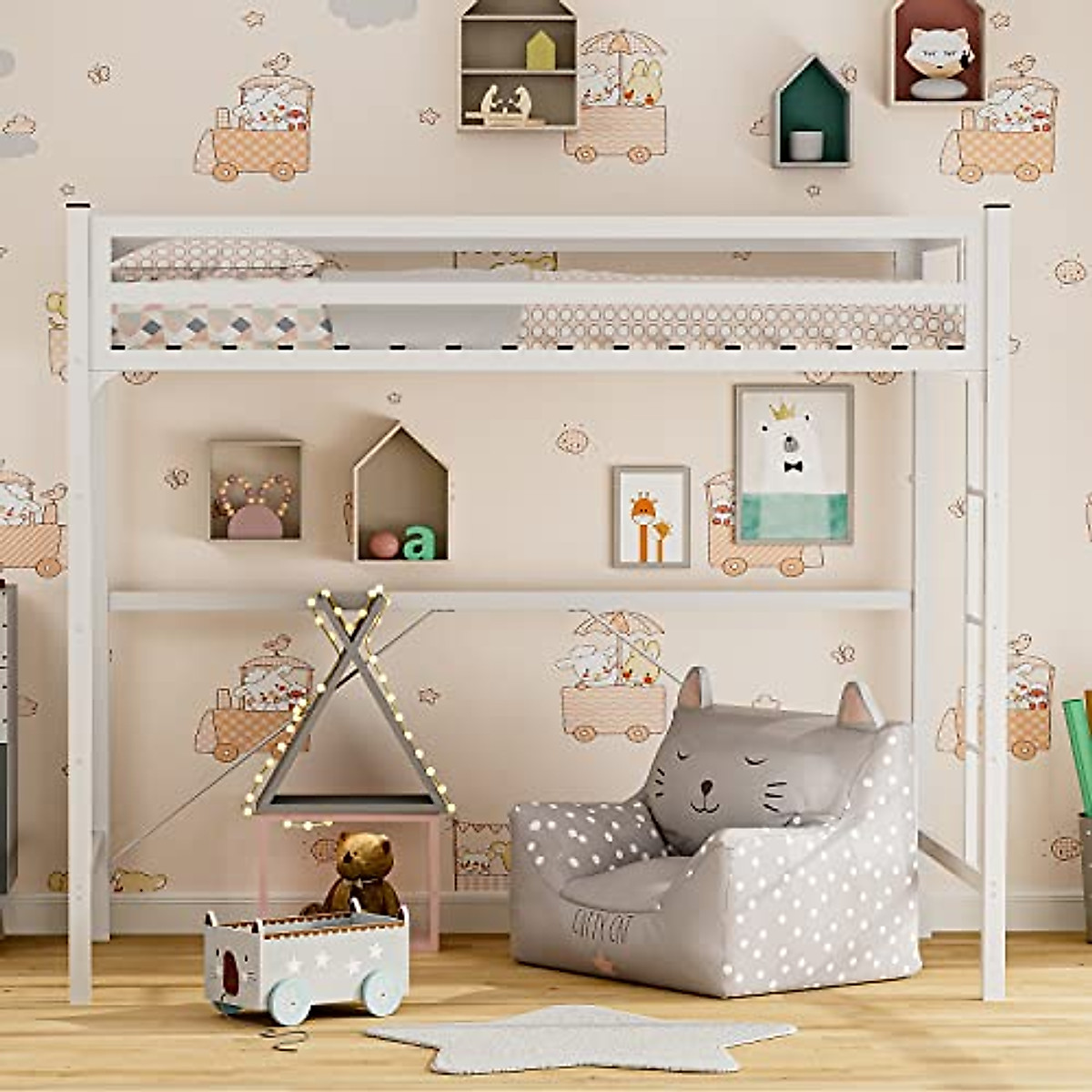 IKIFLY Junior Metal Twin Loft Bed Frame/Two Build-in Ladders & Safety Guard Rail - for Adults/Teens - Easy Assembly, Space-Saving Design - White