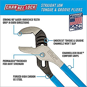 Channellock 440 Tongue and Groove Pliers | 12-Inch Straight Jaw Groove Joint Plier with Comfort Grips | 2.25-Inch Jaw Capacity | Laser Heat-Treated 90° Teeth| Forged High Carbon Steel | Made in USA, Black, Blue, Silver
