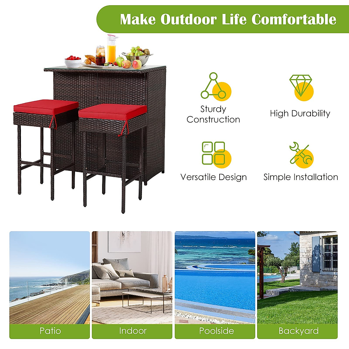 Toolsempire 3 Pieces Patio Bar Set Outdoor Bar Set, Wicker Bar Set with Tempered Glass Table-Top & Two Stools, Outdoor Furniture Bistro Set for Porch, Poolside, Backyard, (Red)