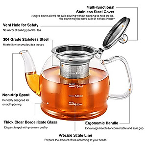 Glass Teapot, 33 oz / 1000ml Glass Teapot with Removable Infuser, Clear Teapot for Blooming Tea, Loose Tea, Flowering Tea Pot, Scale line Borosilicate Glass Teapot Stovetop Safe Tea Brewer Guide