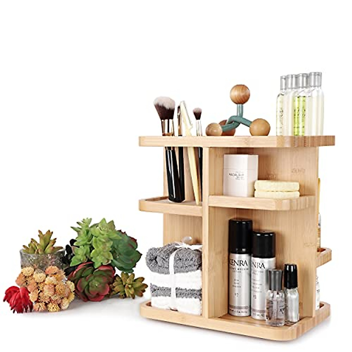 7Penn Bathroom Cosmetic Organizer Countertop Rotating Makeup Display - 11in Bamboo Bathroom Tower Shelf 2 Tier Organizer