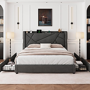 Feonase King Size Bed Frame with 4 Storage Drawers, Upholstered Platform Bed Frame with Charging Station & Wingback Headboard, Solid Wood Slats Support, No Box Spring Needed, Noise-Free, Dark Gray