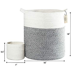 Laundry Basket 2pc by COMFY-HOMI Large Basket 18"X16" Tall Woven Cotton rope Basket with Handles Decorative Basket for Blankets Round Storage Basket for living room,Clothes,Pillows,Towels (White Grey)