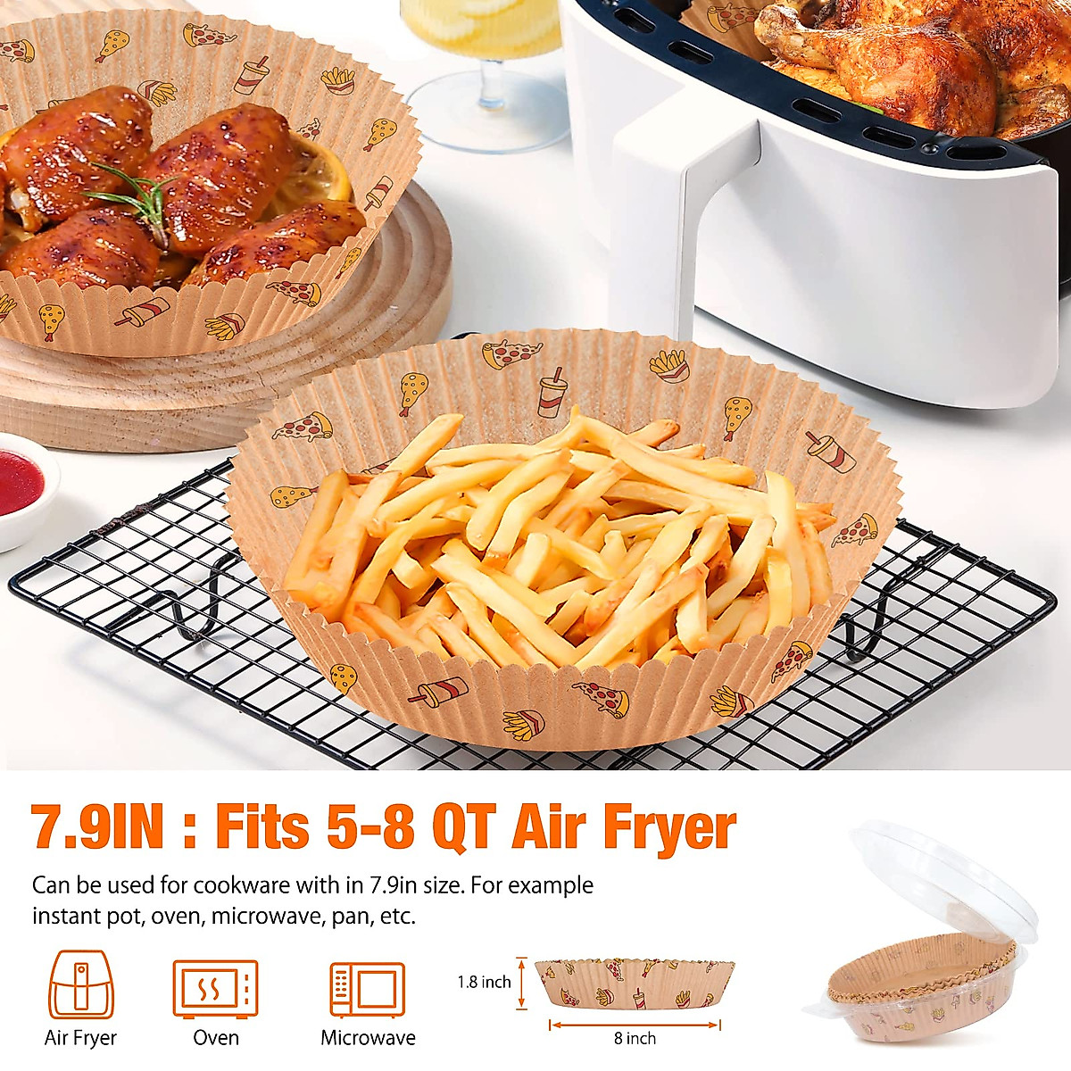 Air Fryer Disposable Paper Liners - Food Grade Non-stick Parchment Paper, 7.9In Upgrade Oil-proof for Air Frying, Baking, Roasting Microwave (100Pcs-Fit 5-8 QT)