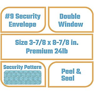 Office Deed 500 #9 Double Window SELF SEAL Security Envelopes-Designed for Quickbooks Invoices and Business Statements with peel and seal flap -3 7/8'' X 8 7/8''