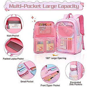 InduSKY Girls Backpack, Cute Rainbow School Backpack for Girls with Insulated Lunch Box Pencil Case Set, Kids Backpack Kindergarten Elementary Middle School Book Bag for Teen Girls Children Students