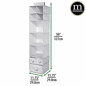 mDesign Soft Fabric Over Closet Rod Hanging Storage Organizer with 7 Shelves and 3 Removable Drawers for Child/Kids Room or Nursery - Polka Dot Pattern - 2 Pack - Light Gray with White Dots