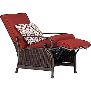 Hanover Madrid Outdoor Patio Recliner, Adjustable Chair, All-Weather Hand-Woven Wicker, Aluminum Frames, Thick Cushions-MADRIDREC-NVY, 1 Piece, Red