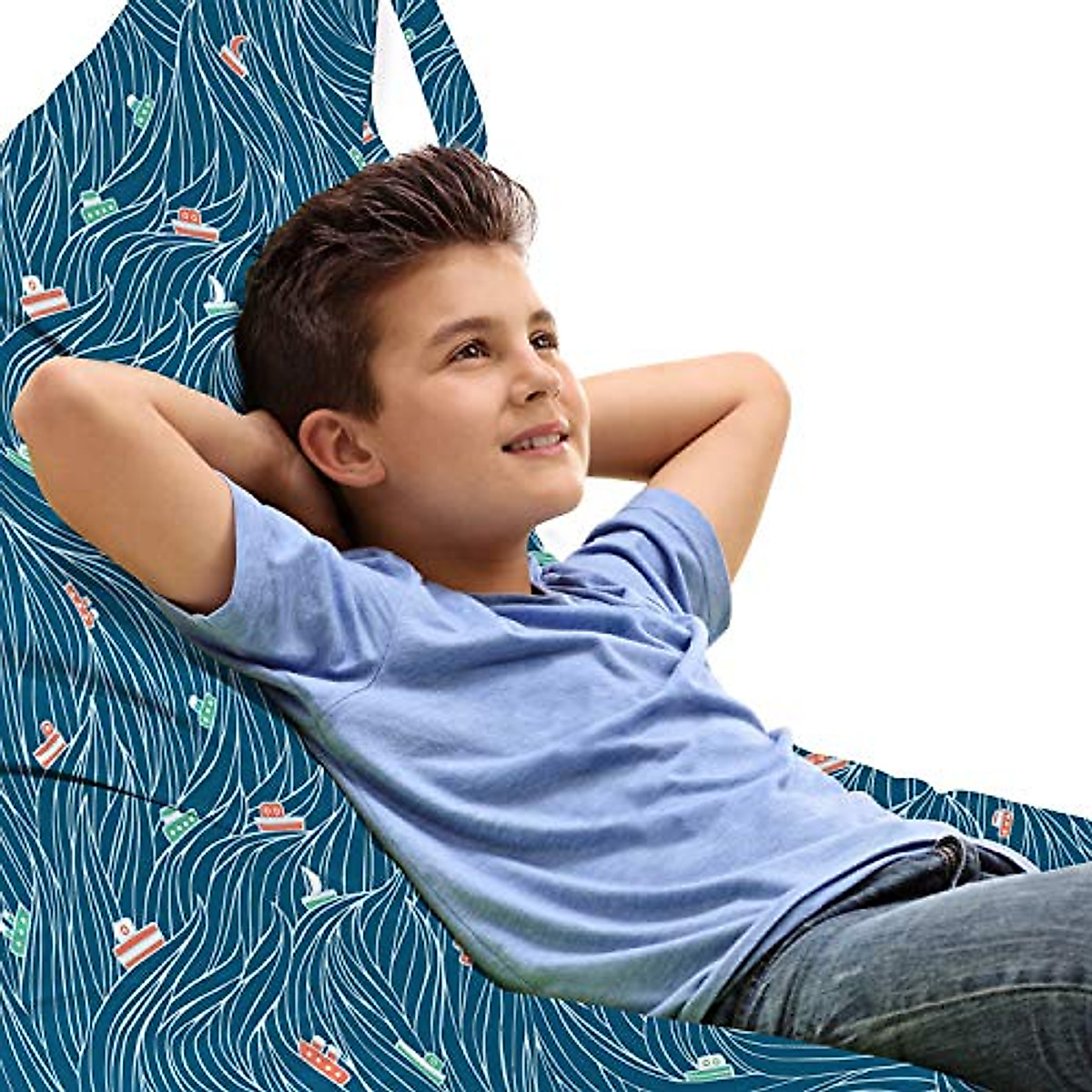 Ambesonne Nautical Lounger Chair Bag, Waves Ships Cartoon Nautical Sailboat Vacations Travel Pattern, High Capacity Storage with Handle Container, Lounger Size, Petrol Blue Jade Green