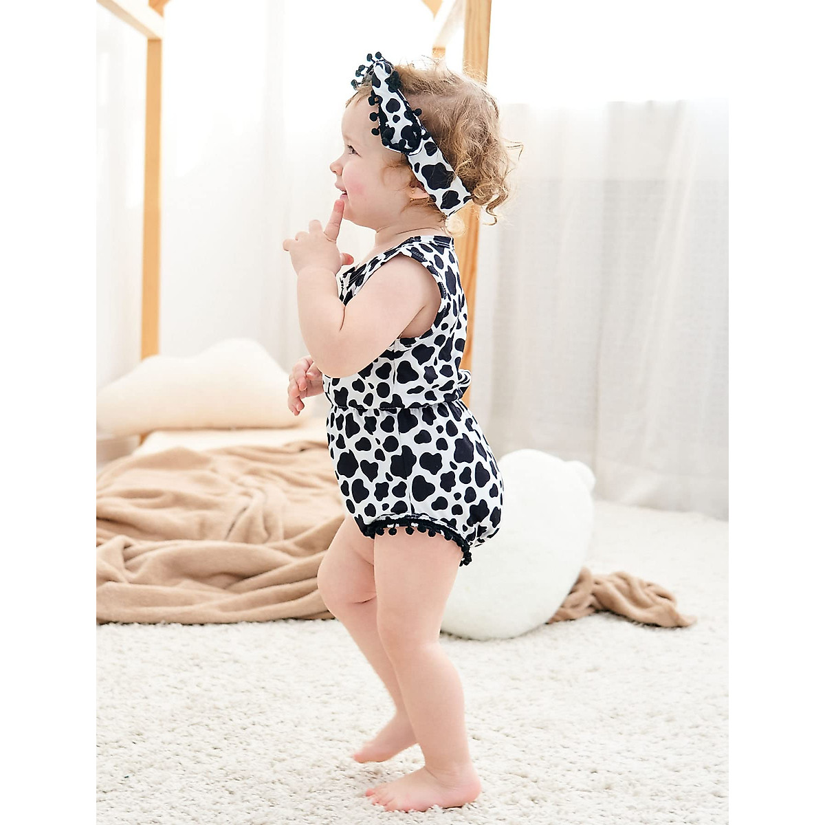Ahegao Infant Girls Cow Print Rompers for Toddlers Cute Black and White Dots Bodysuits Crewneck Buttons Snap Design Jumpsuits with Tassel Kids Boy Casual Sleeveless Outfits Lovely Clothes, 3-6 Months