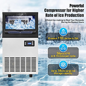 Commercial Ice Maker Machine, 110 LBS/24H Ice Machine with 18Lbs Storage Capacity, Scoops Included, Under Counter Ice Maker Machine for Home, Restaurant, Coffee, Bar