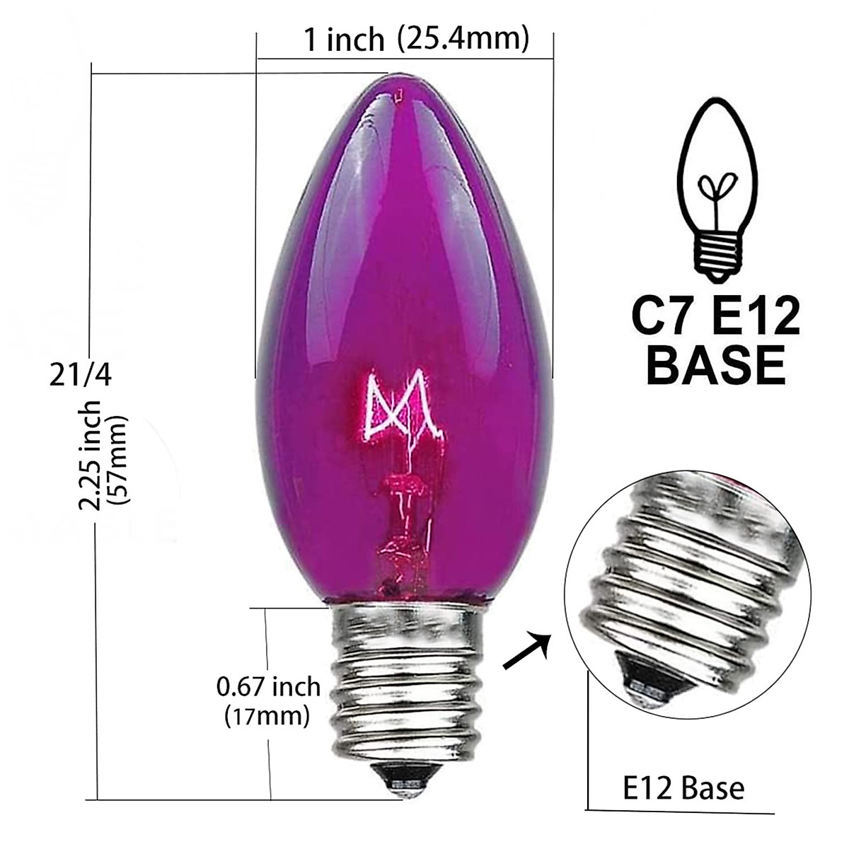25 Pack Purple Christmas Replacement Bulbs C7 Glass Replacement Bulbs for Outdoor String Light, Patio Lights, C7/E12 Candelabra Base 5 Watt Great for Night Lights and Christmas Bulbs