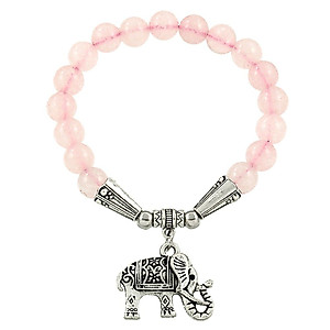 Falari Elephant Lucky Charm Natural Stone Bracelet Rose Quartz B2448-RQ